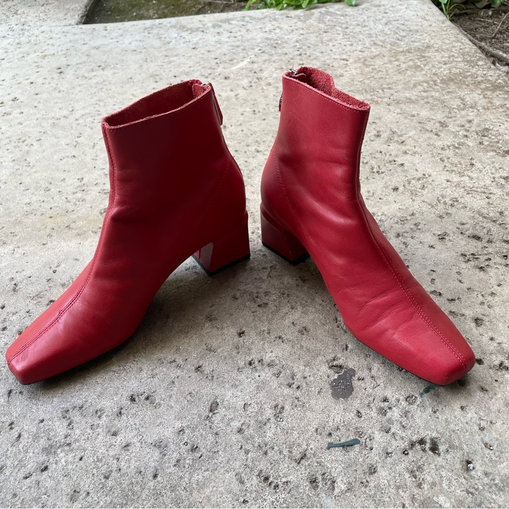 Zara Red Leather Ankle Boot Block Heel Size 5 - Gem